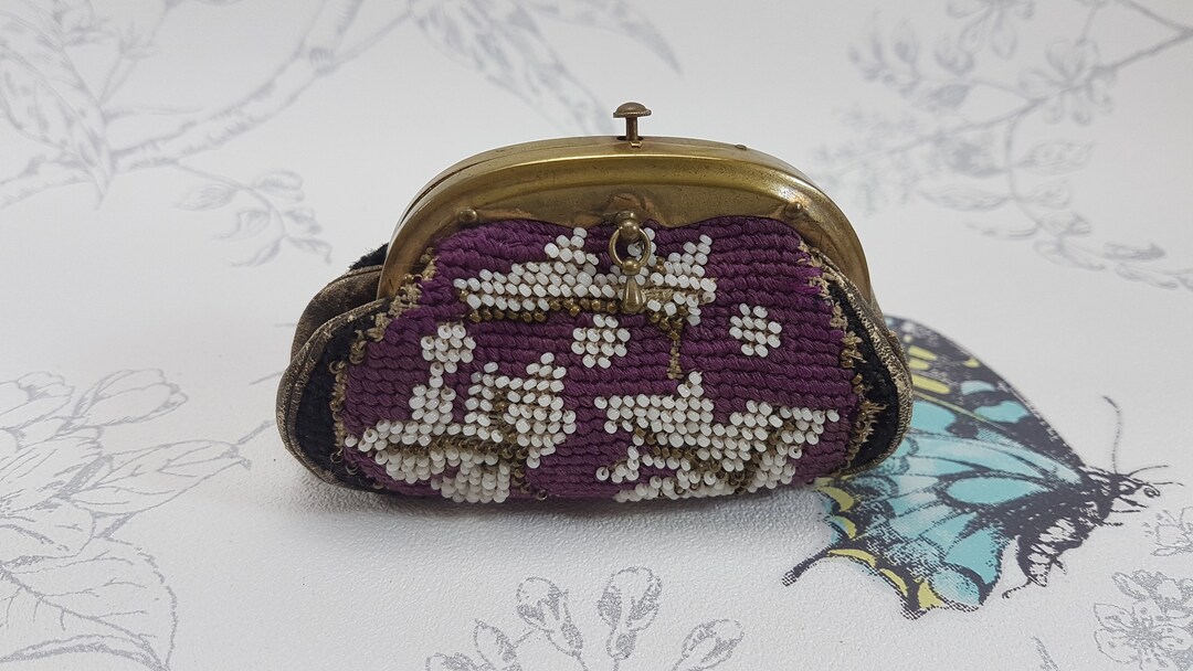 Antique Beadwork Purse With Fabric Lining, Victorian Beadwork Purse ...
