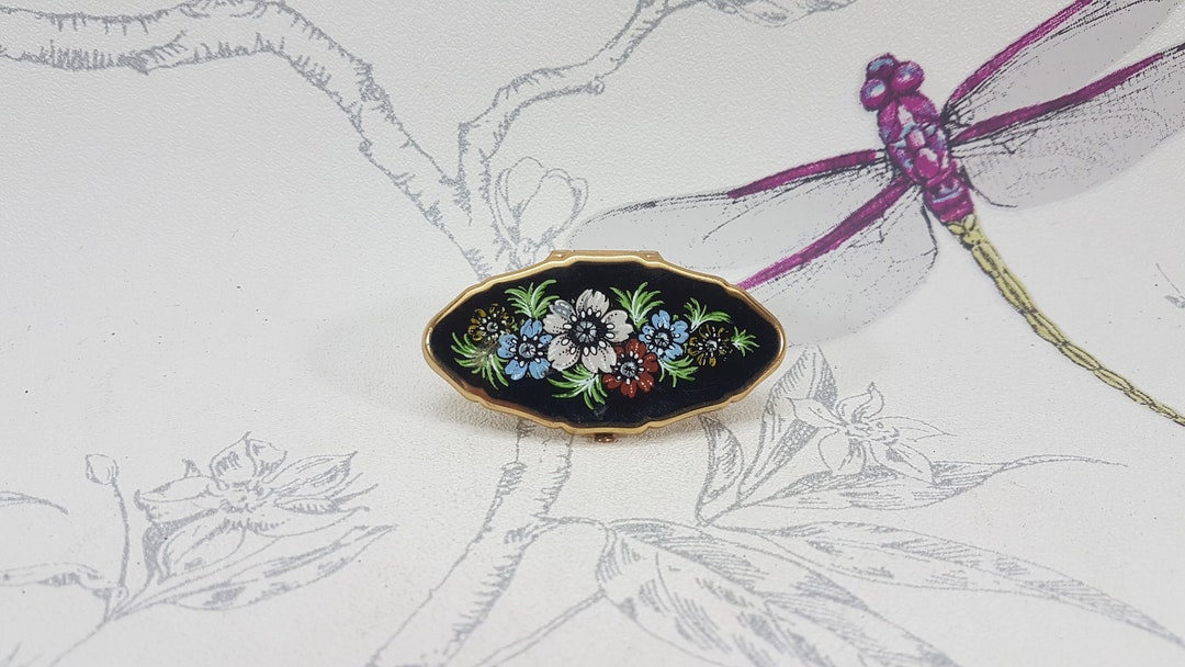 Vintage Stratton Lipview, Stratton Black Enamel With Colourful Flowers ...