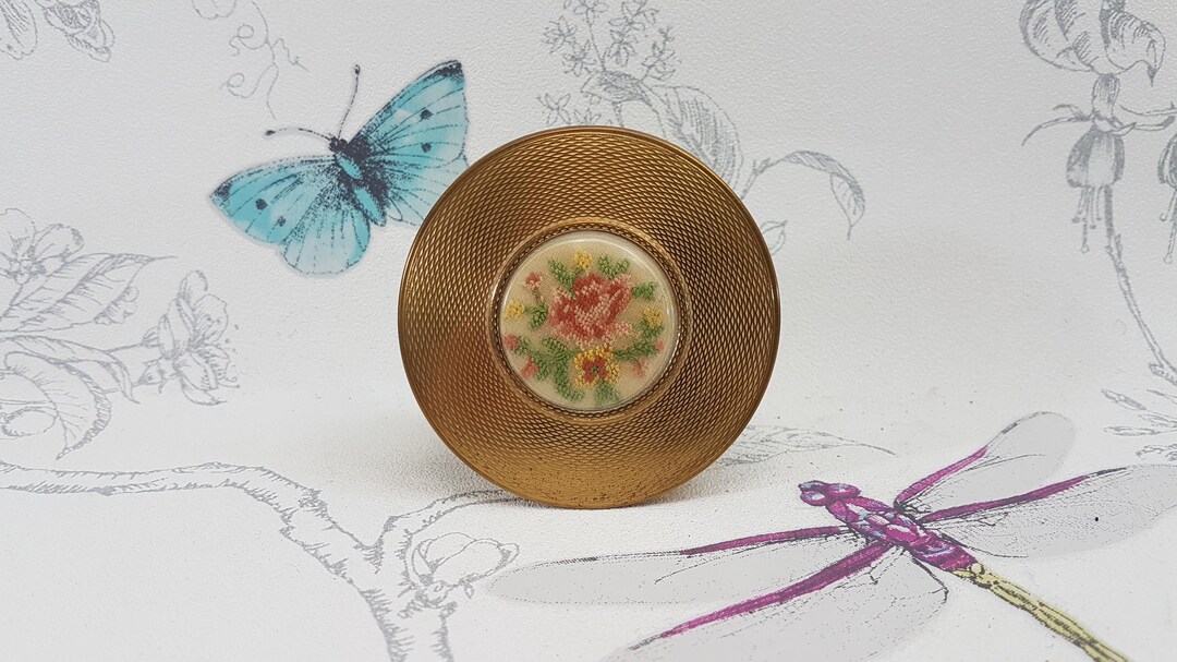 Vintage Petit Point Compact Mirror: Mid-century Gold Tone Floral Powder ...
