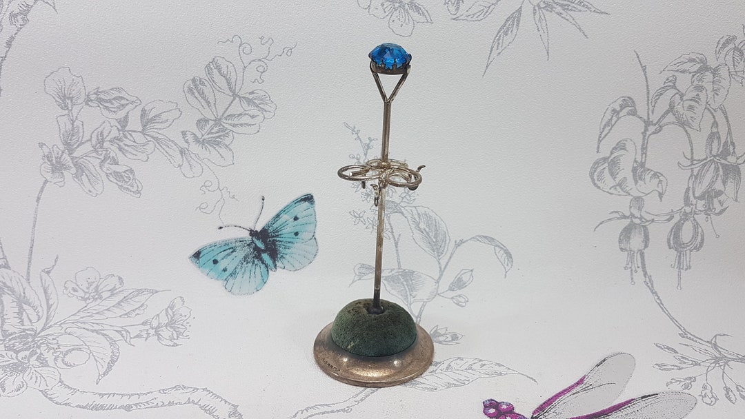 Antique Hat Pin Stand With Blue Stone Finial, Silver Plated and Velvet ...