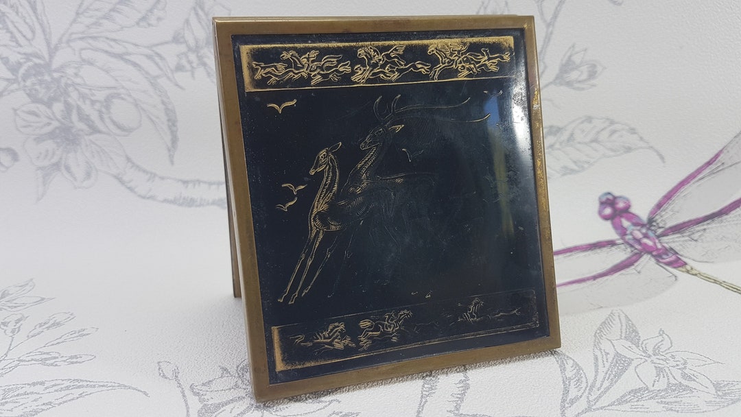 Vintage Compact Mirror, Art Deco Powder Compact, Black and Gold Powder ...