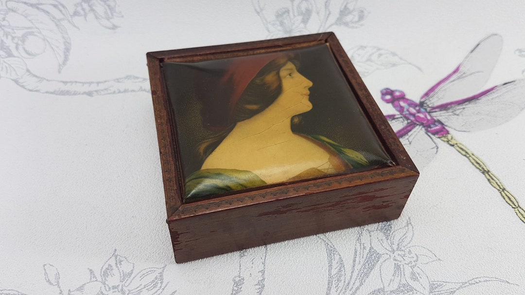 Antique Wooden Trinket Box: Velvet Lined Celluloid Portrait Lid - Etsy
