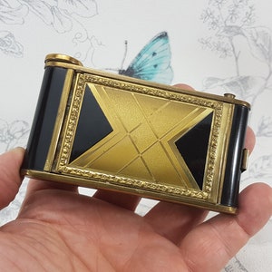 Vintage Camera Powder Compact, Art Deco Black Enamel Combined Powder ...