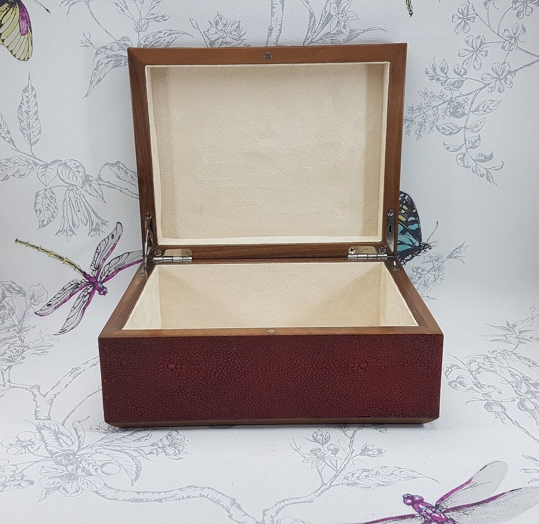 Vintage Red Faux Shagreen Jewelry Box: White Fabric Lined Wooden ...