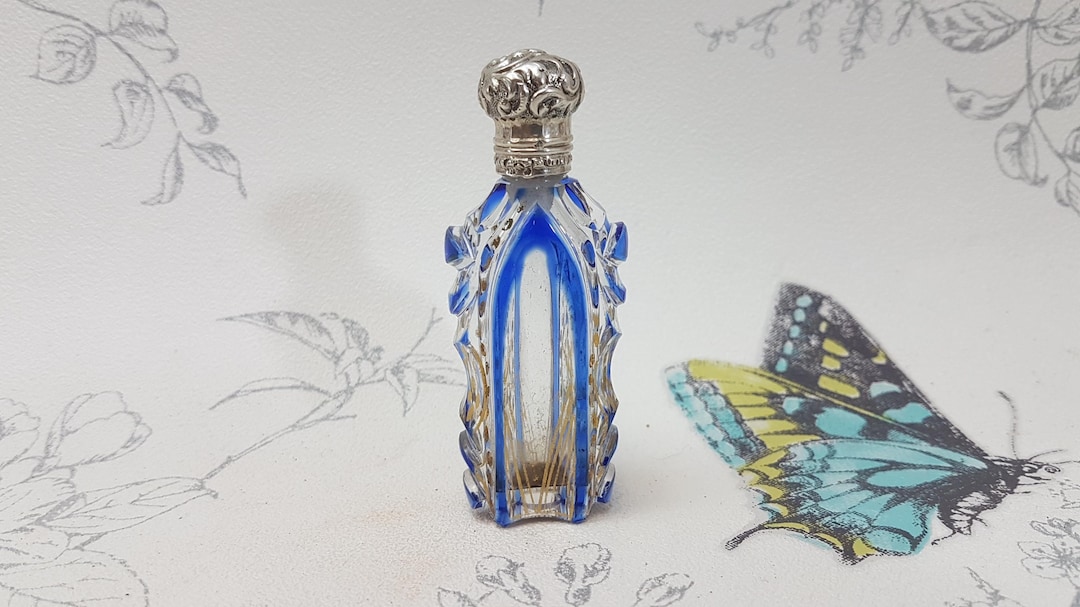 Antique French Blue Overlay Cut Glass Scent Bottle With Ornate Sterling ...