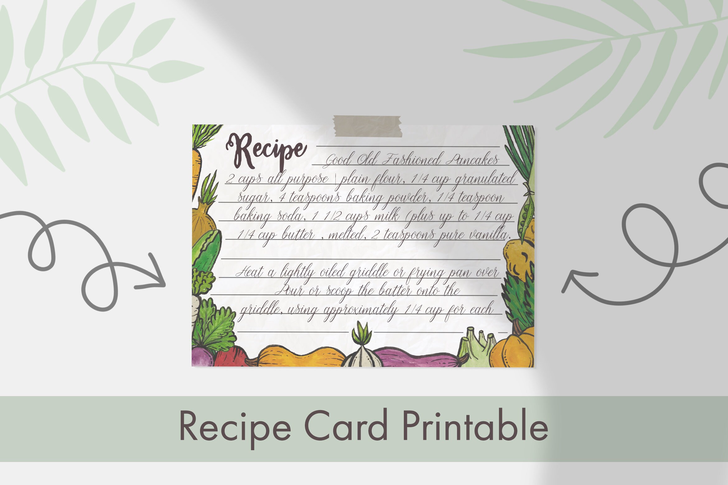 Recipe Cards, Vegetable Card Printable Greenery Template Digital ...