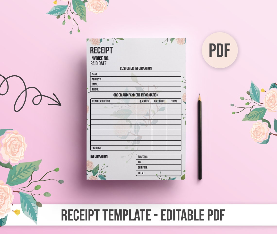 Receipt Template Editable Flower Invoice Template Order | Etsy