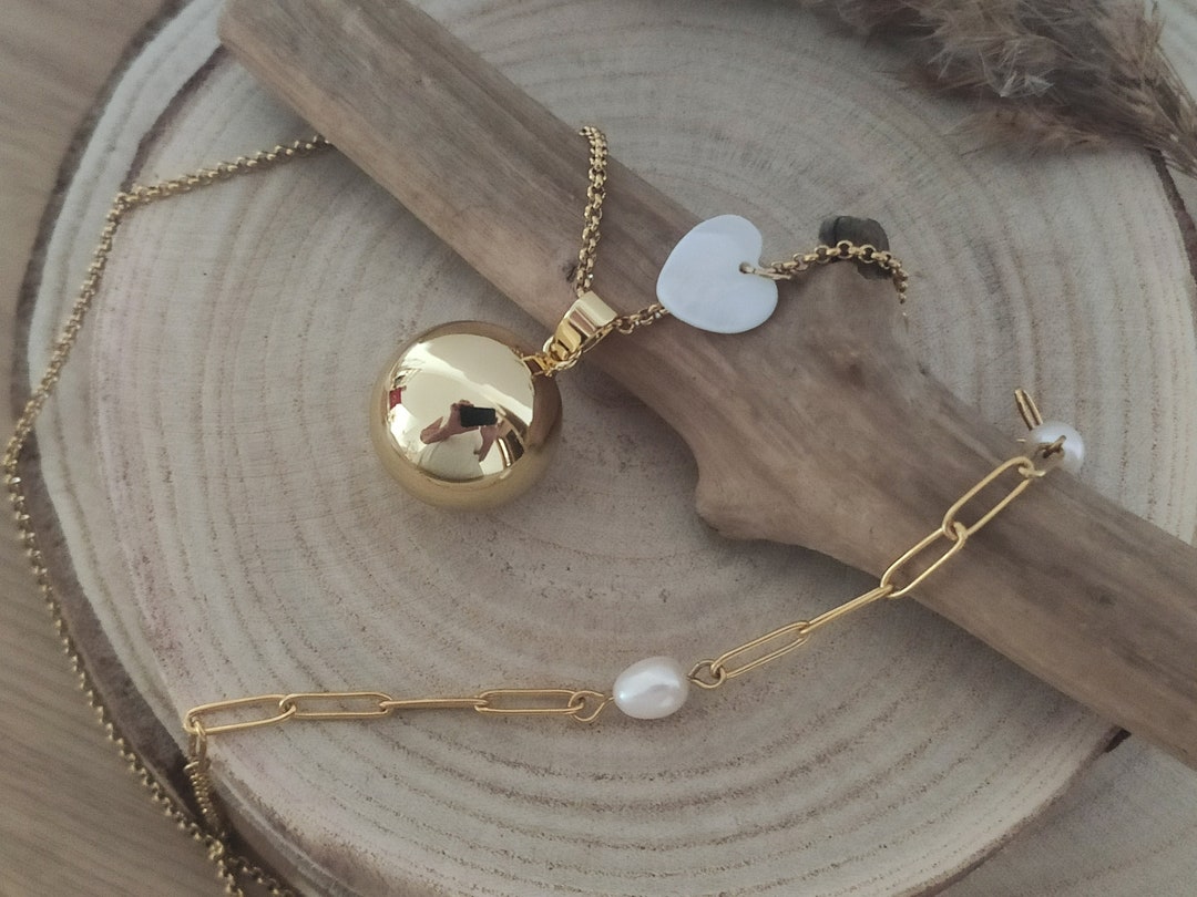 Gold Pregnancy Bola - Heart in Mother of Pearl and Freshwater Pearls ...