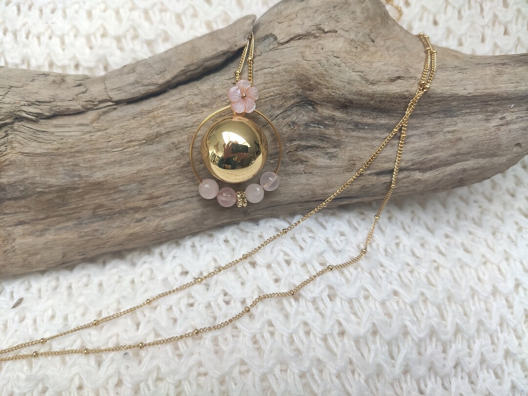 Gold Pregnancy Bola, Mother-of-pearl Flower, Rose Quartz Pearls ...