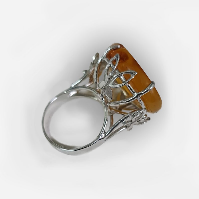 Natural Baltic Amber Silver Coctile Ring, Stunning Large Cognac Amber ...