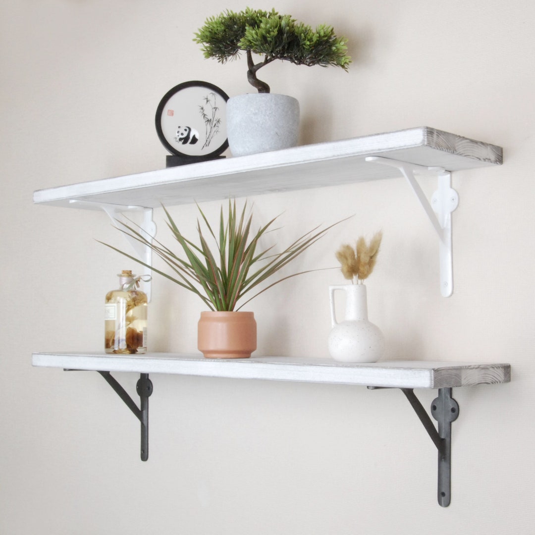 Rustic Solid Wood Wall Shelf Distressed White With White Cast Iron ...