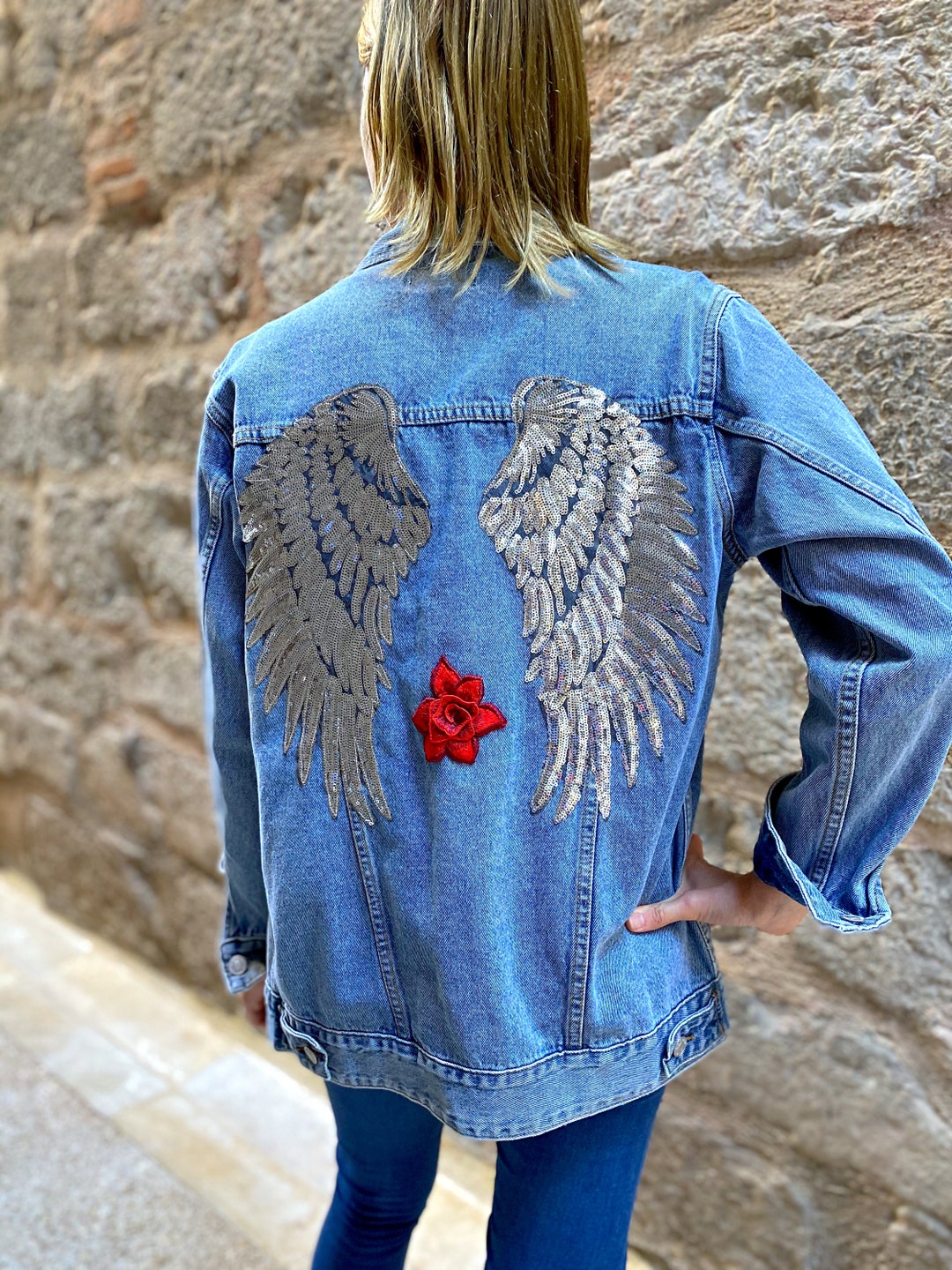 Sequin Silver Angel Wings Denim Jacket - Etsy