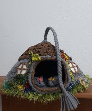 Gray Knitted Hobbit House for a Cat or Kitten With a Removable Rug - Etsy