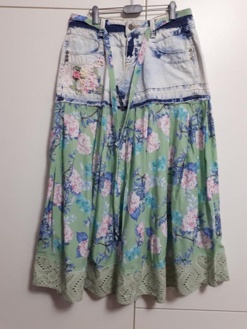 Upcycled Denim Maxi Skirt Boho Patchwork, Cottagecore Floral Long Skirt ...