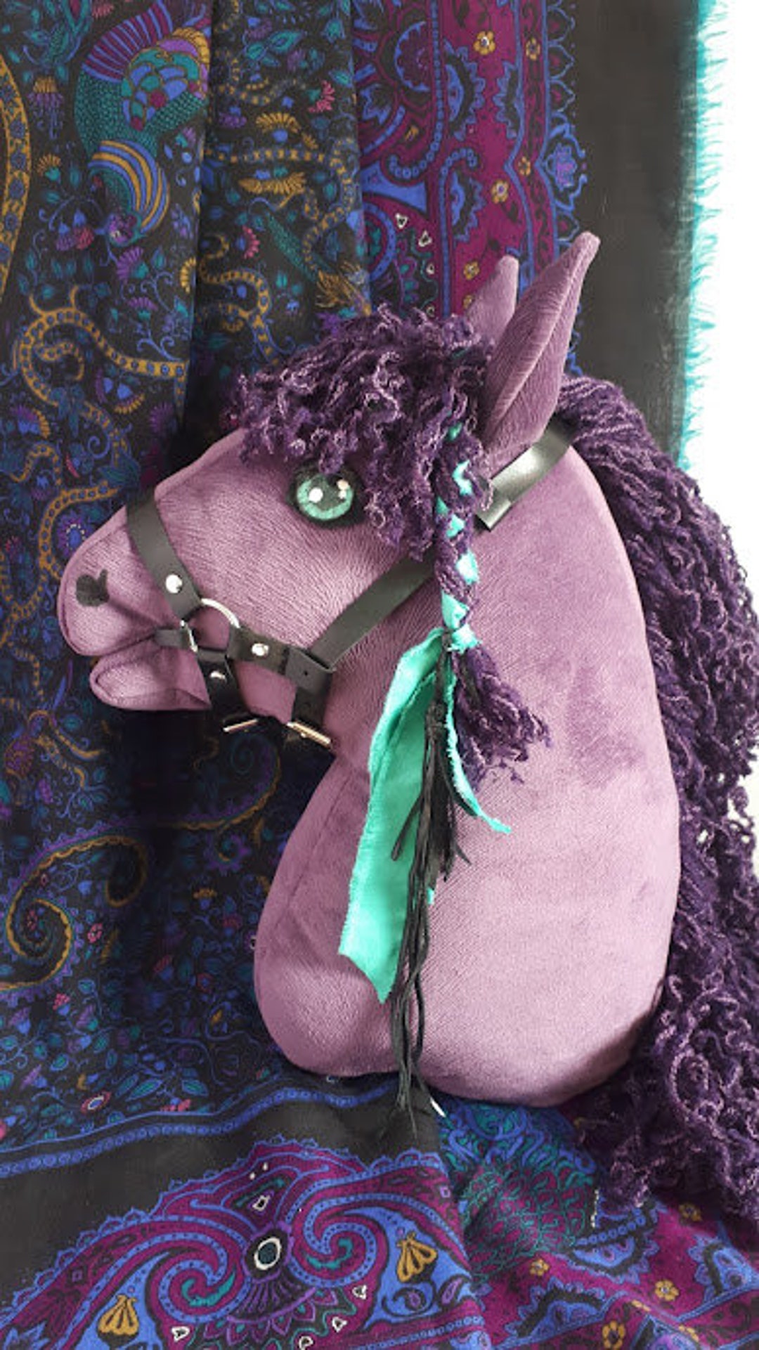 Purple Hobby Horse With Turquoise Eyes and a Curly Mane Made of Thick ...