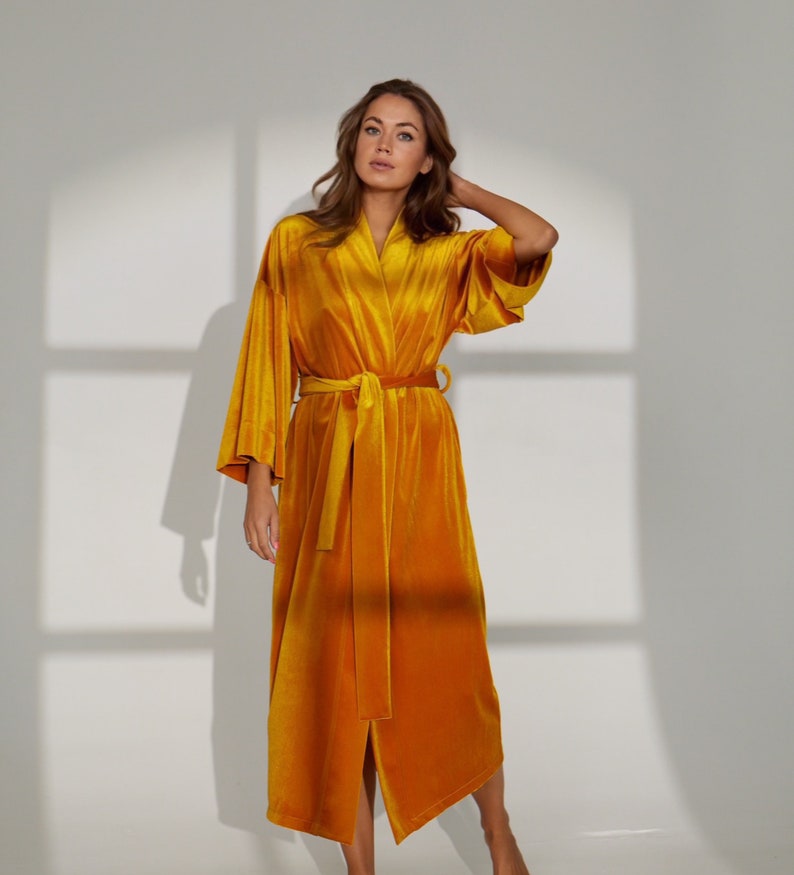 Women Long Velvet Kimono Robewomen Personalized Robe Mustard Etsy