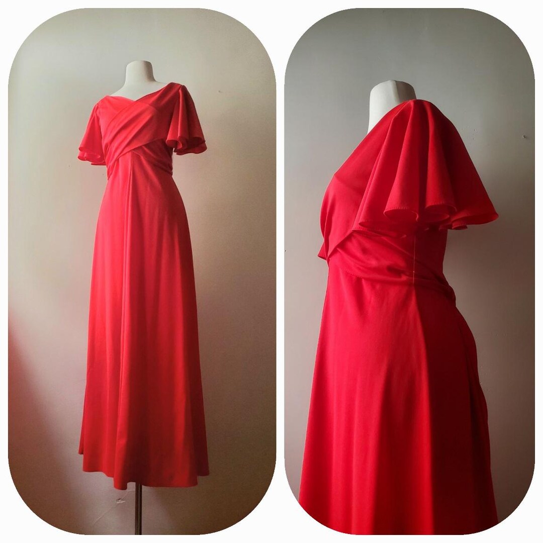 70s Red Maxi Dress Wrap Tie Flutter Sleeves Disco Synthetic Ladies Classic Date Night Cocktail ...
