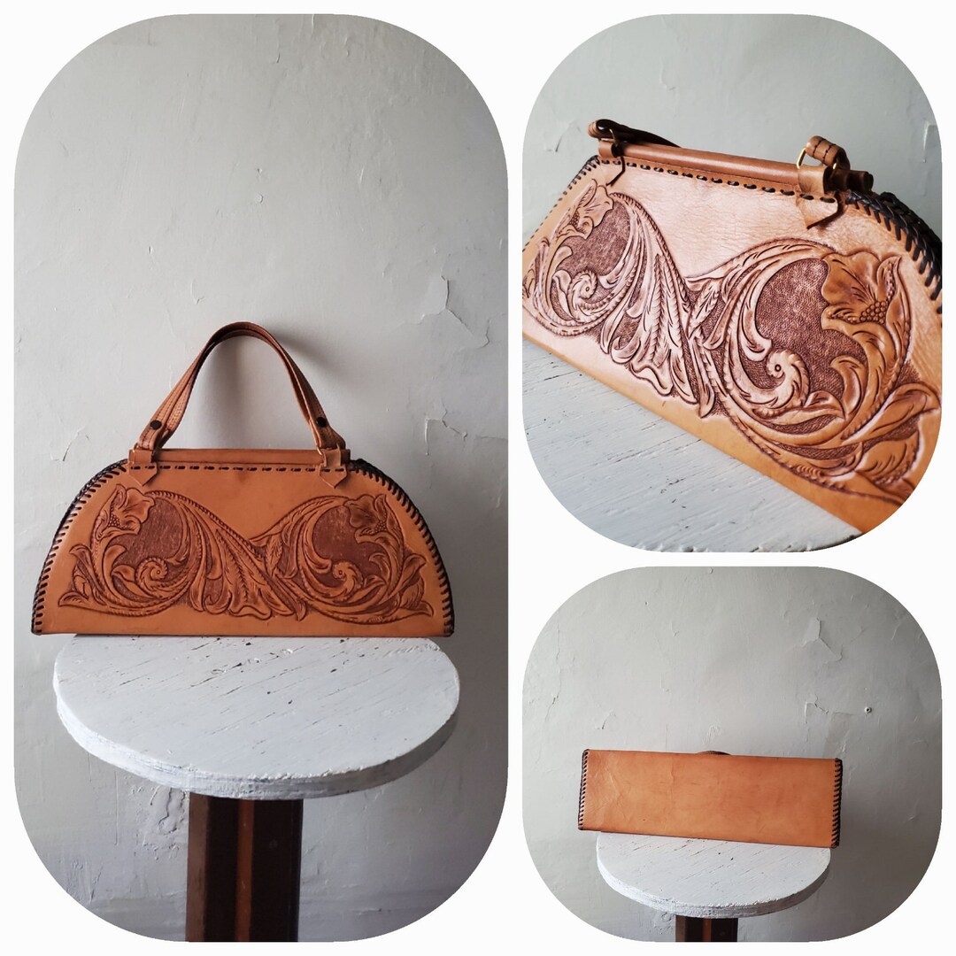 Vintage 50s Western Tooled Leather Handbag Midcentury Rockabilly ...