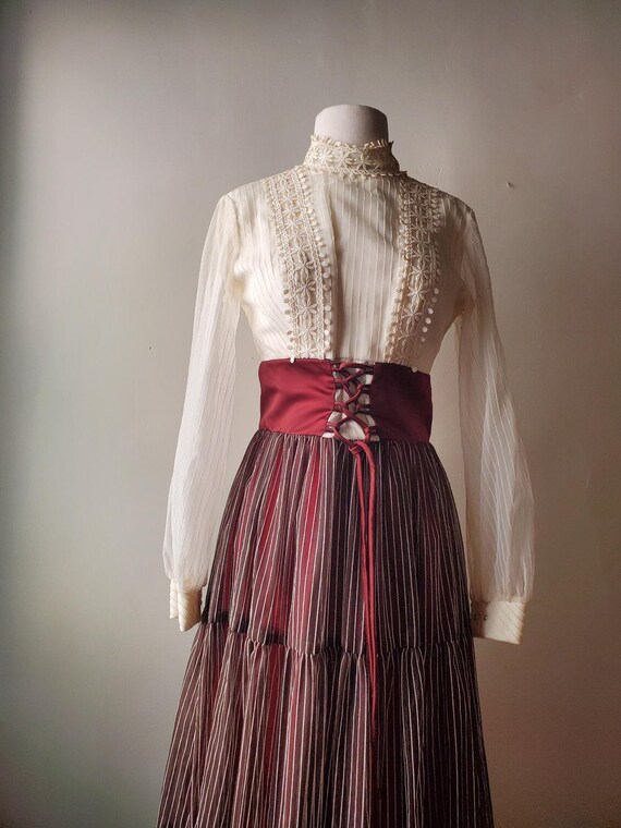 60s Corset Maxi Dress striped lace cottagecore gunne … - Gem