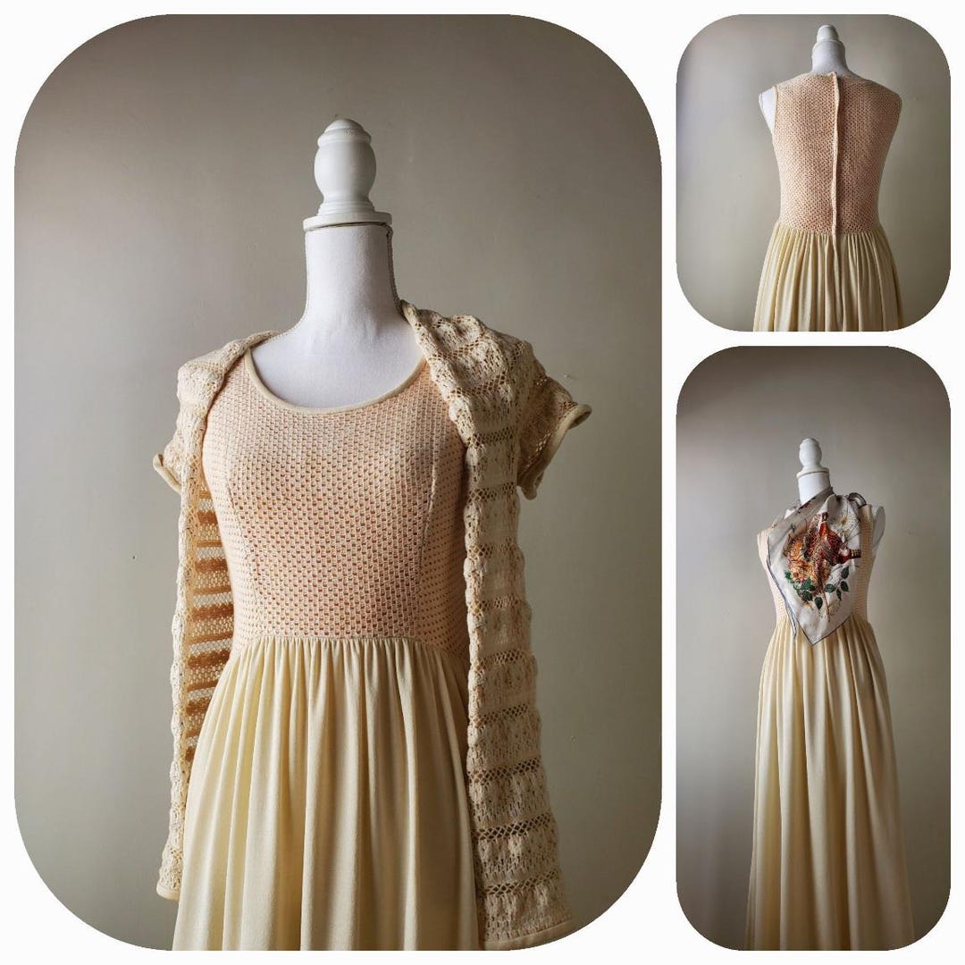 Vtg 70s Boho Prom Semi Formal Beige Floor Length Maxi Dress 36 Macrame ...