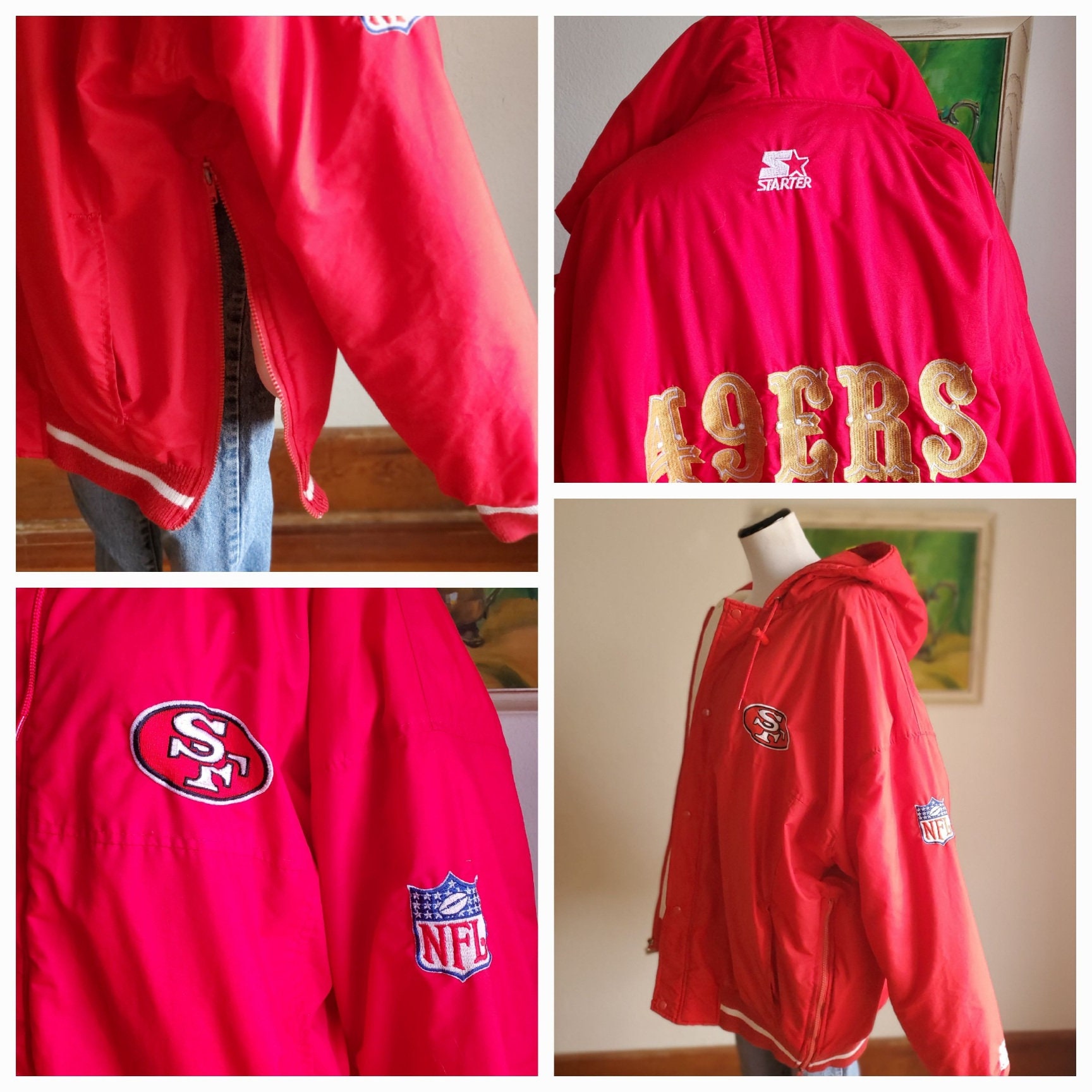 90s 49er Starter Puffy Parka XL Men's Unisex Jacket Hooded Red / Taiwan ...