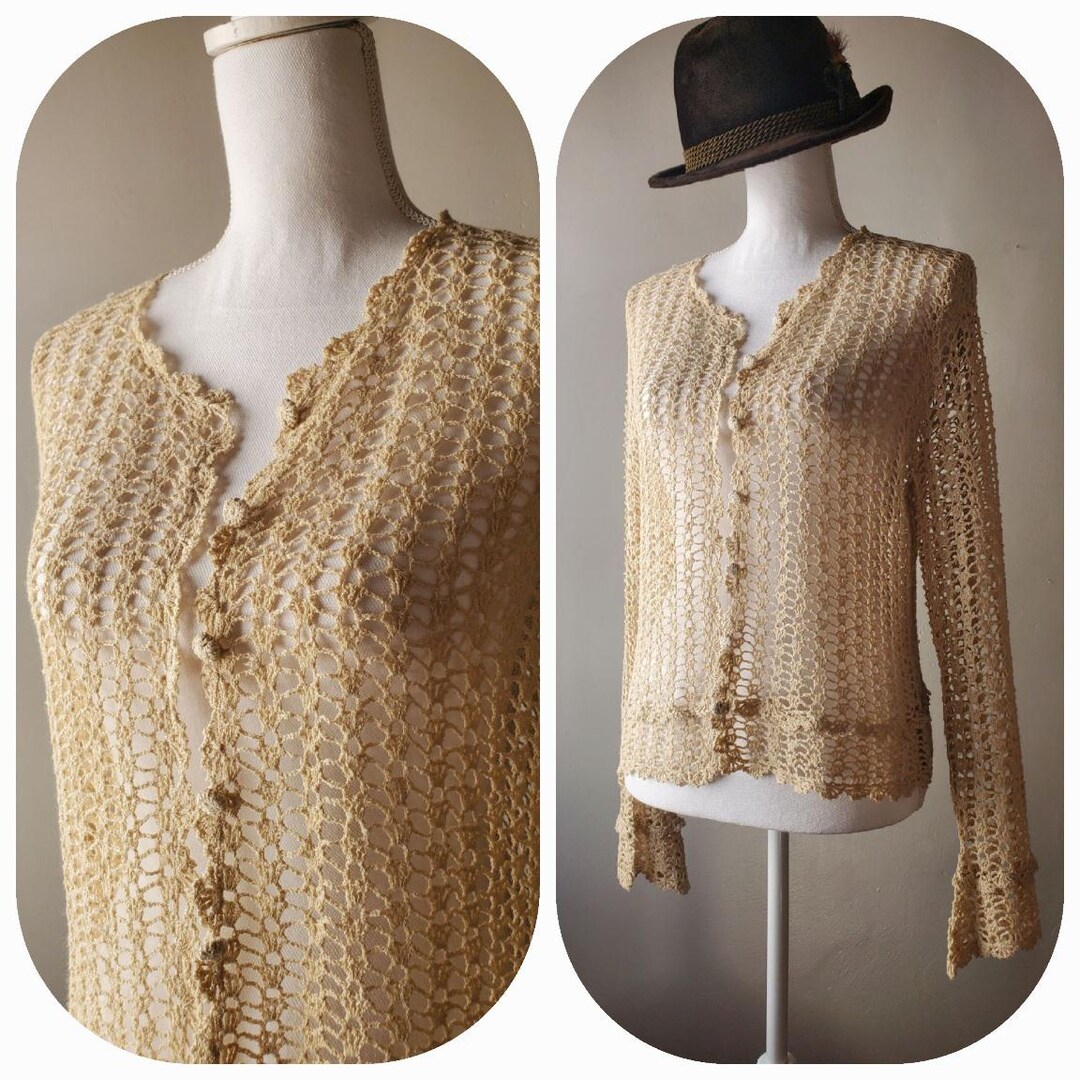 90s Buff Crocheted Cardigan Open Knit Boho Ladies Medium Vintage Boho ...