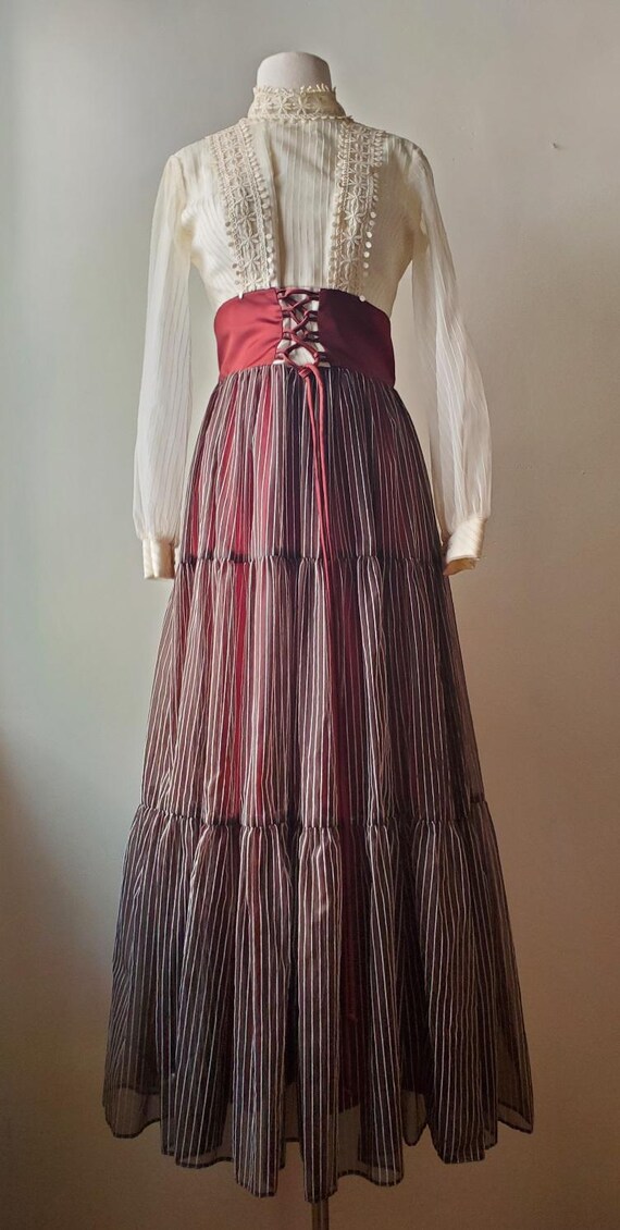 60s Corset Maxi Dress striped lace cottagecore gunne … - Gem