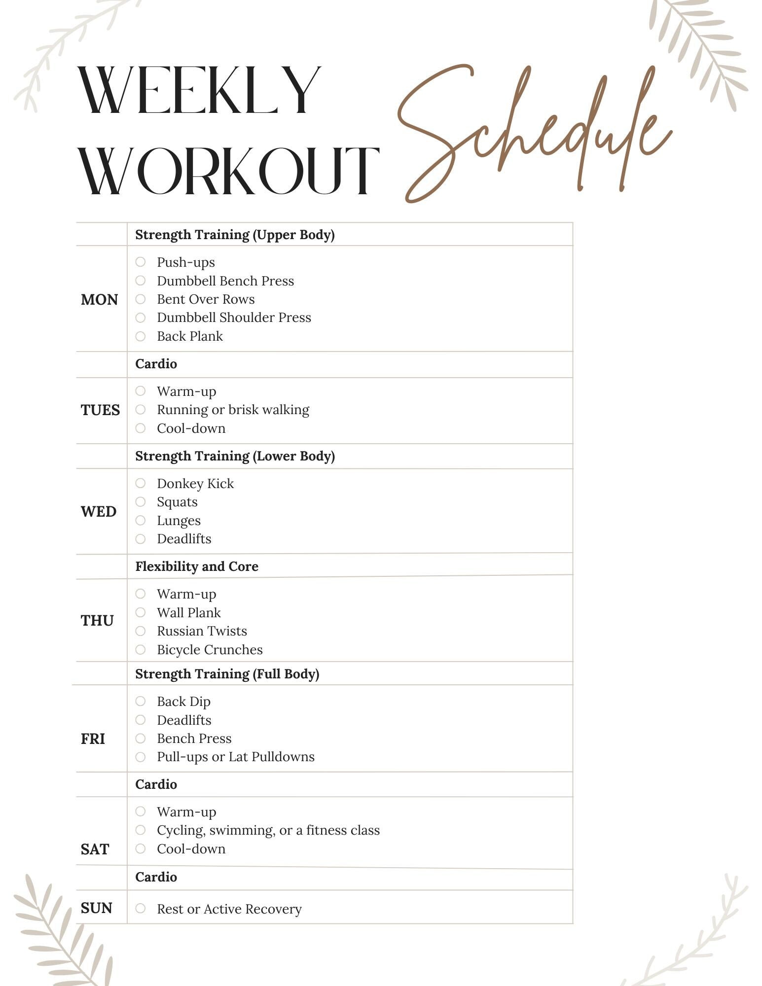 Weekly Workout Schedule | Workout Planner | Weekly Fitness Planner ...