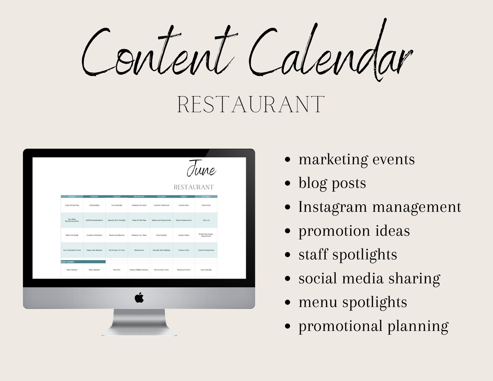 Restaurant Content Calendar | Food Social Media Ideas |reusable ...