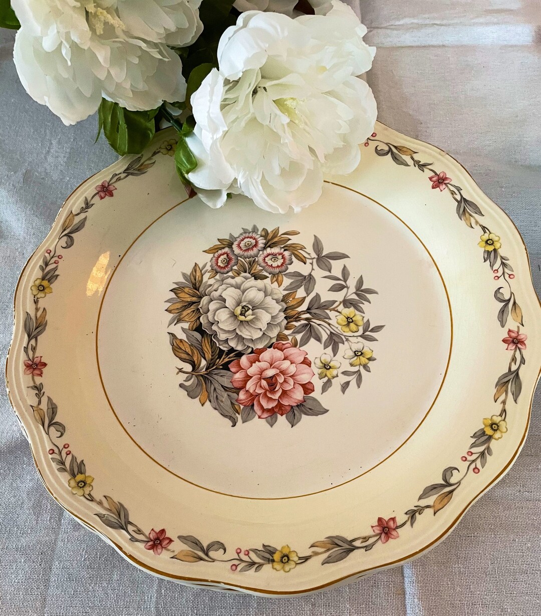 Antique French Saxon China Dinner Plates, Lush Flowers, Cream, Gold - Etsy