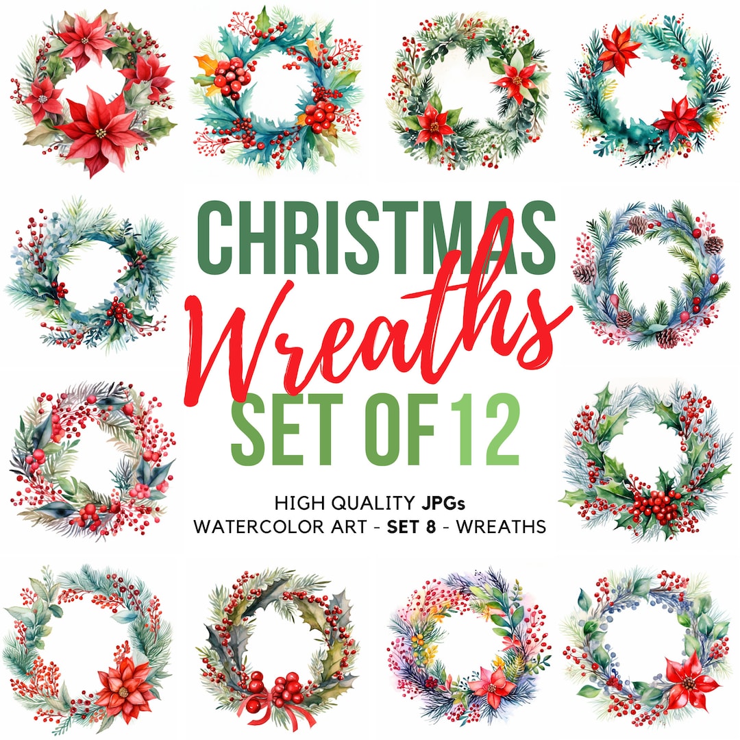 Christmas Wreaths Clipart Set of 12 Vibrant Colors JPG Digital Download ...
