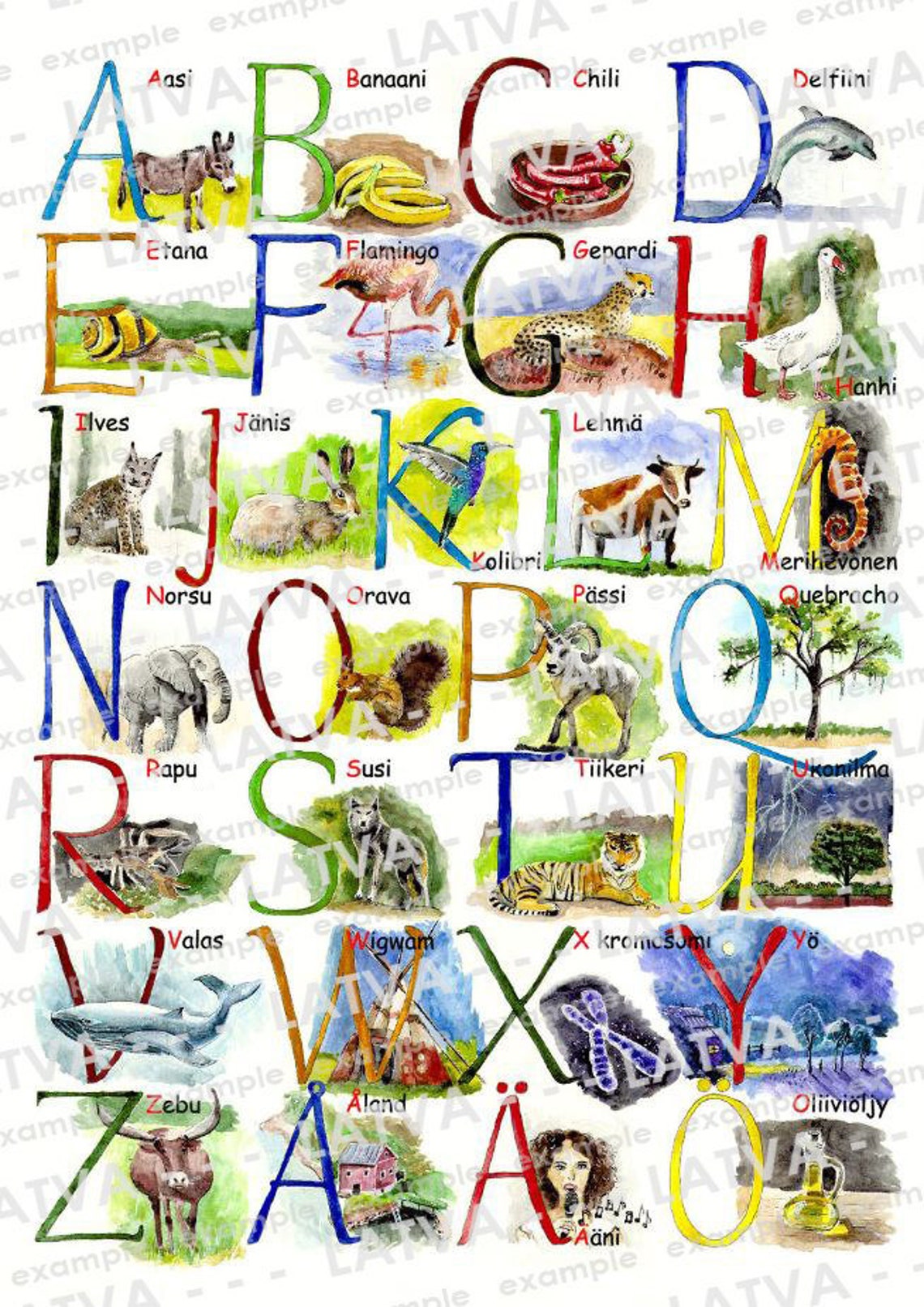 FINNISH Alphabet CHART A2 Abc Aakoset With Words Printable Art, FINNISH ...