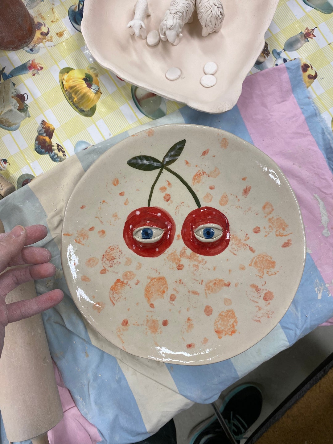 Art Hand Made Pottery Plate With Eyes Cherry - Etsy