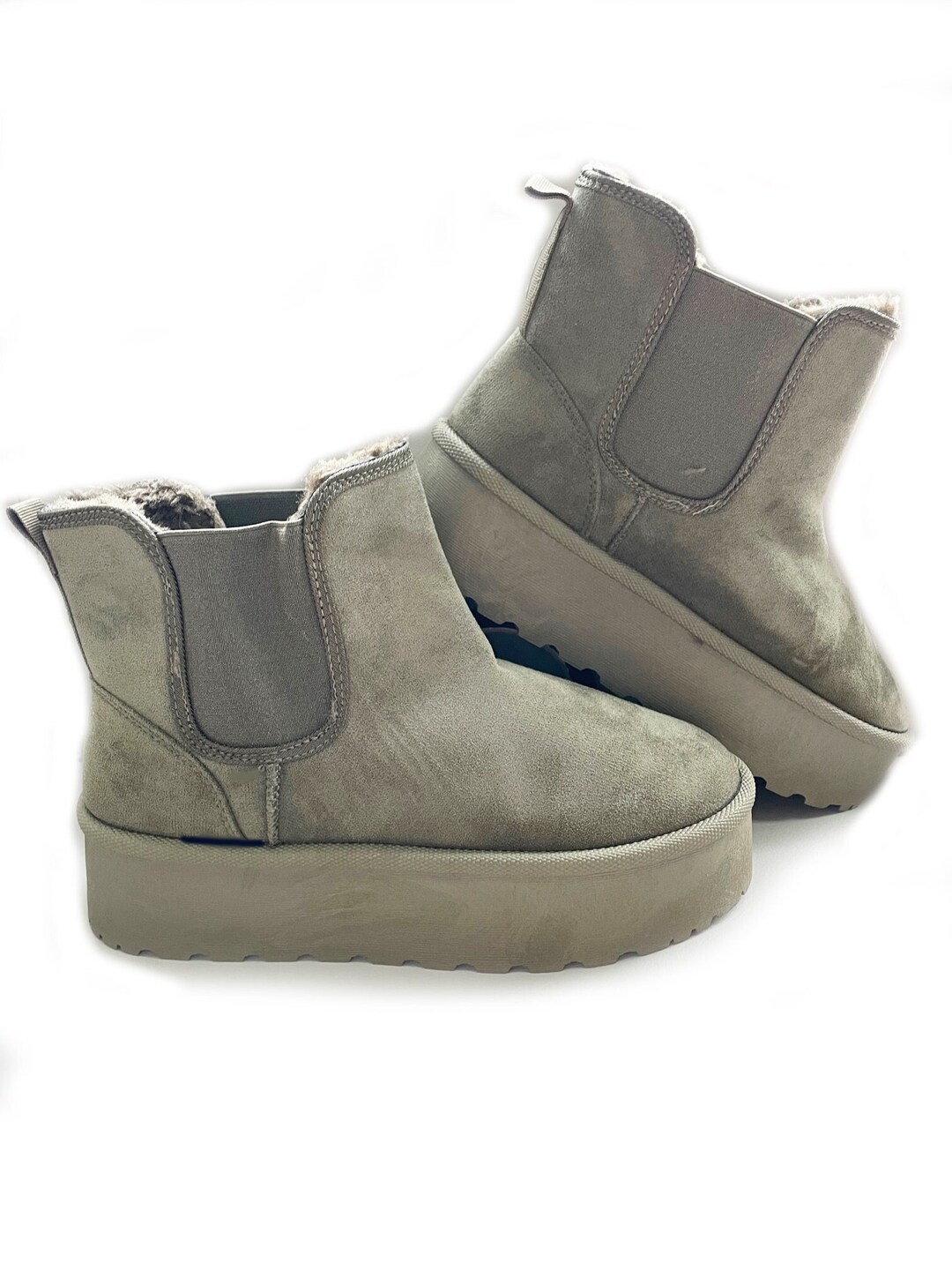 New Women Khaki Suede Platform Ankle Boots &fur Line. Cosy, Comfy ...