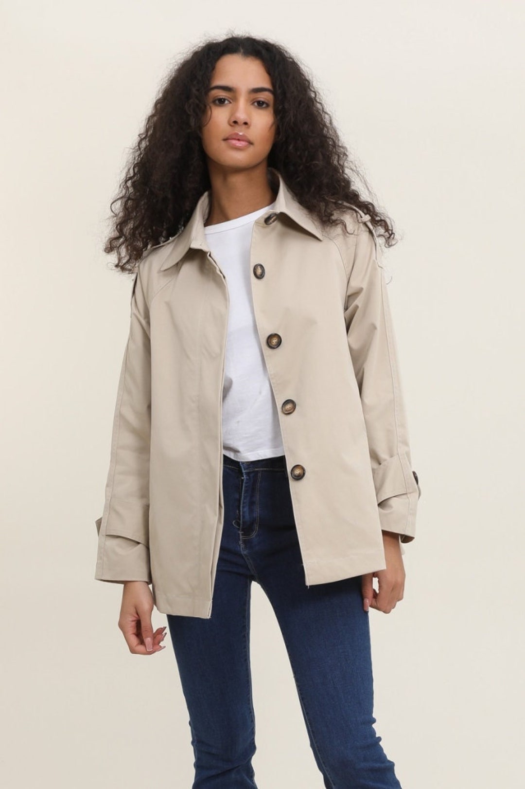 Women Beige Hip Length Classic Single Breast Harrington Trench Coat/mac ...