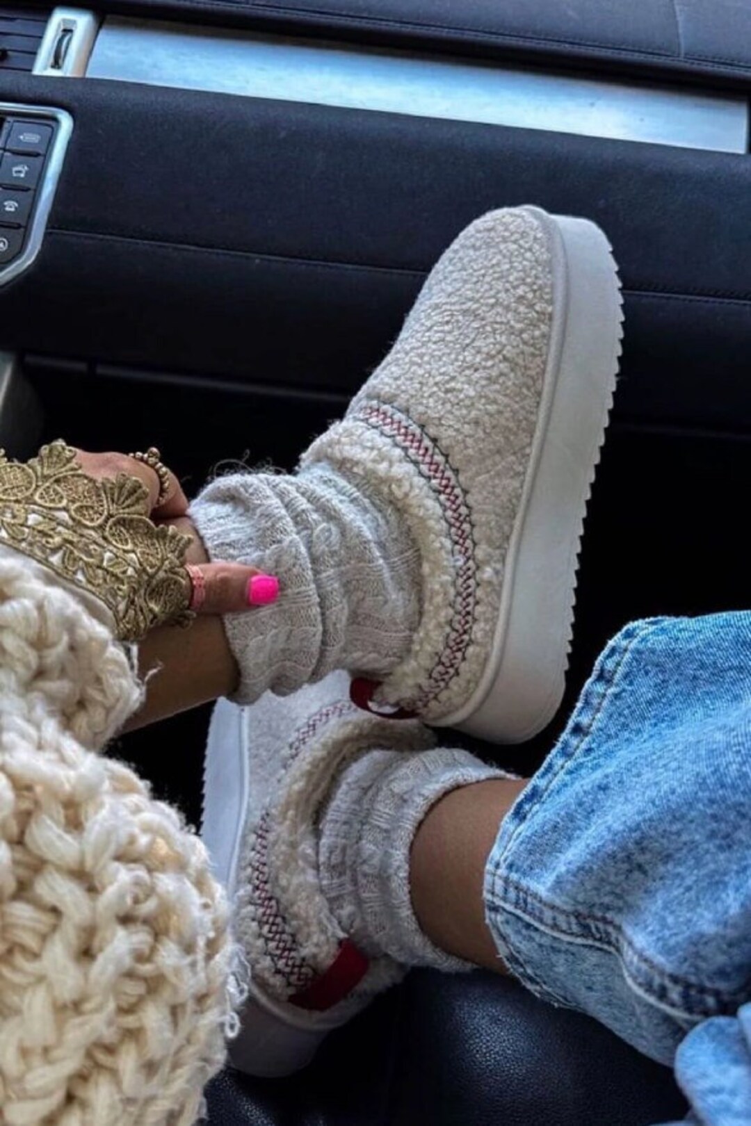 New Women Beige Borg Embroidery Beaded Platform Slipper & Fur Lined ...