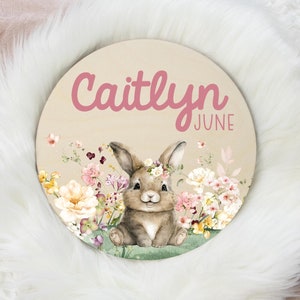 Bunny Name Sign, Rabbit Round Wood Name Sign, Woodland Rabbit Baby Sign ...