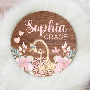 Girl Giraffe Name Sign, Round Wood Name Sign, Floral Giraffe Baby Sign ...
