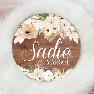 Boho Floral Round Wood Name Sign, Boho Pampas Grass Baby Sign, Round ...