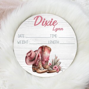Cowgirl Birth Stat Sign, Round Wood Birth Stat Sign, Western Birth Stat ...