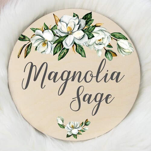 Magnolia Floral Round Wood Name Sign White Magnolia Baby | Etsy