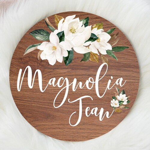 Magnolia Floral Round Wood Name Sign White Magnolia Baby | Etsy