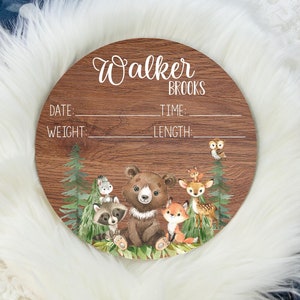 Woodland Birth Stat Sign, Round Wood Birth Stat Sign, Woodland Animal ...