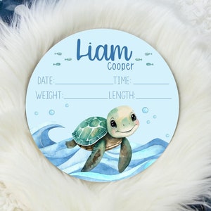 Turtle Birth Stat Sign, Ocean Birth Stat Sign, Round Wood Birth Stat ...