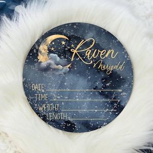 Crescent Moon Birth Stat Sign, Birth Stat Sign, Round Wood Birth Stat ...