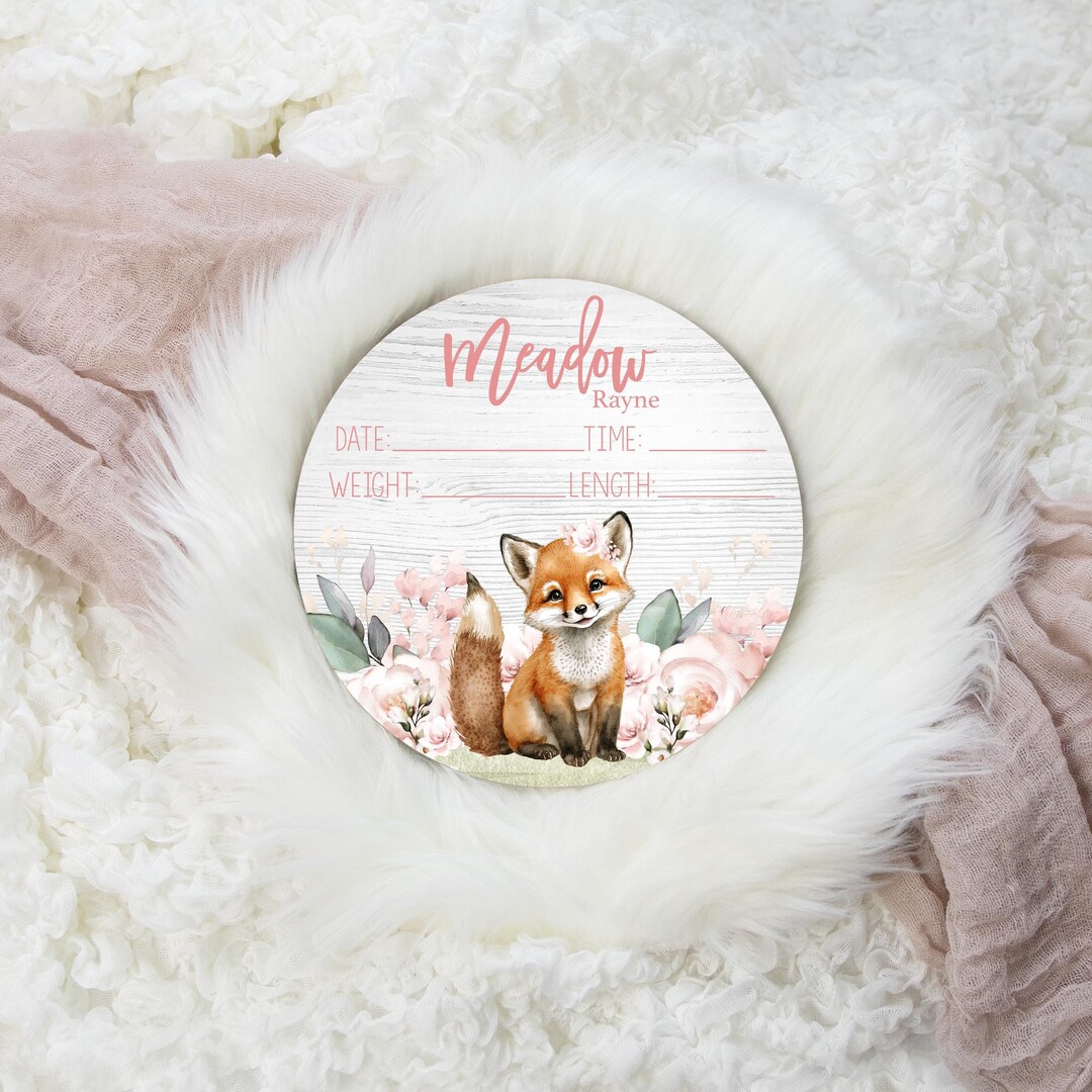 Girl Fox Birth Stat Sign, Round Wood Birth Stat Sign, Woodland Fox ...