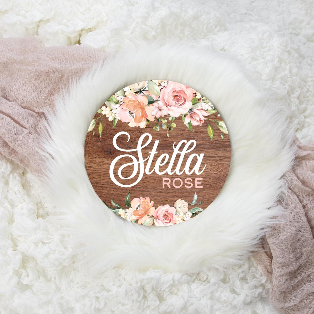 Blush Floral Round Wood Name Sign, Pink Floral Baby Sign, Round Wood ...