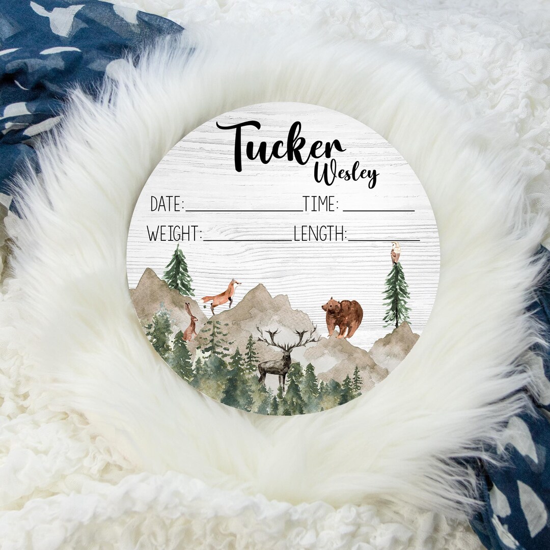 Woodland Mountain Birth Stat Sign, Round Wood Stat Sign, Woodland Birth ...