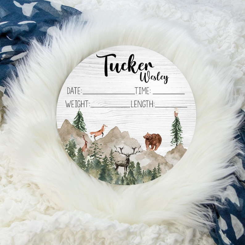 Woodland Mountain Birth Stat Sign Round Wood Stat Sign - Etsy