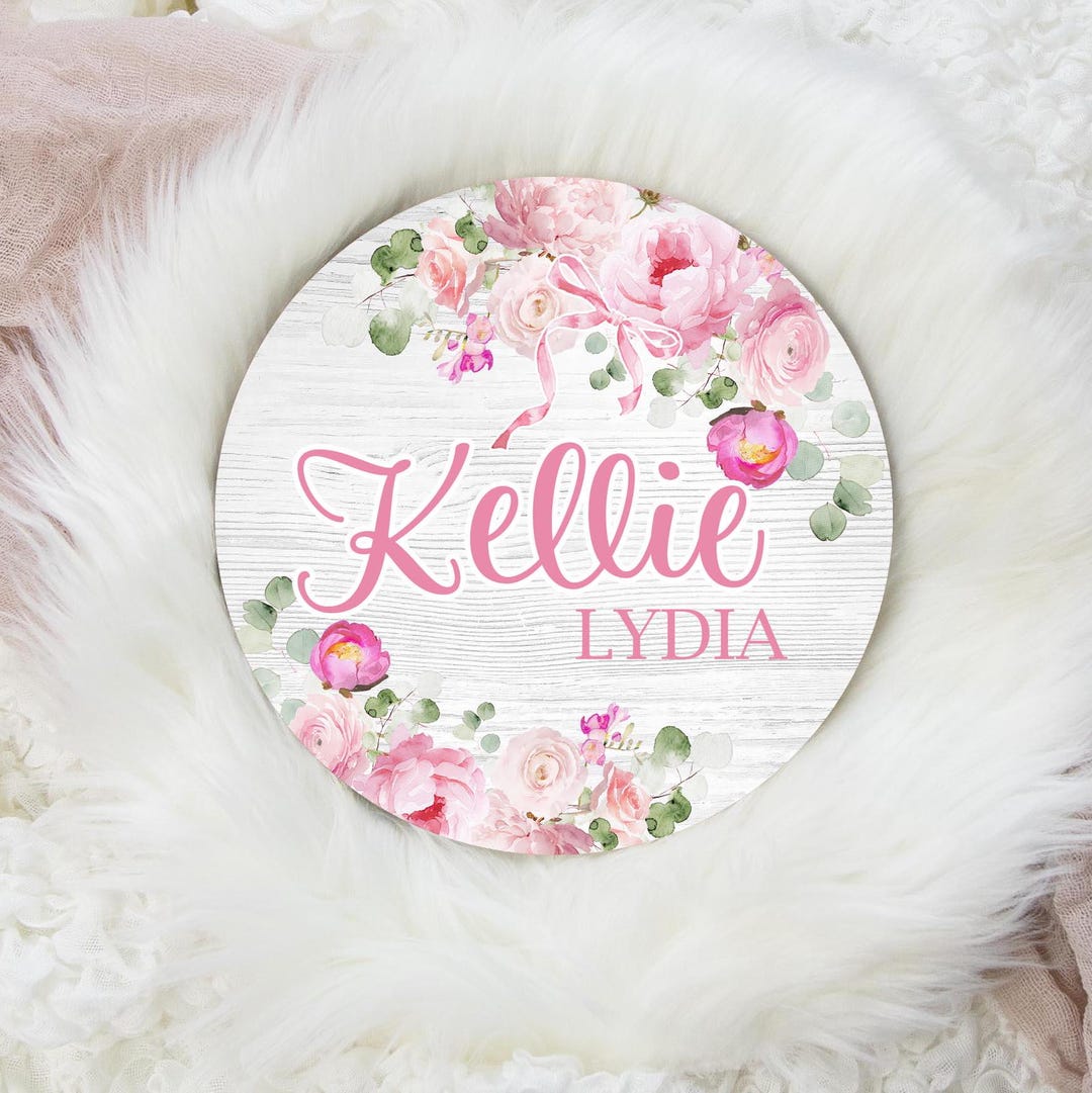 Floral Coquette Round Wood Name Sign, Floral Coquette Birth ...